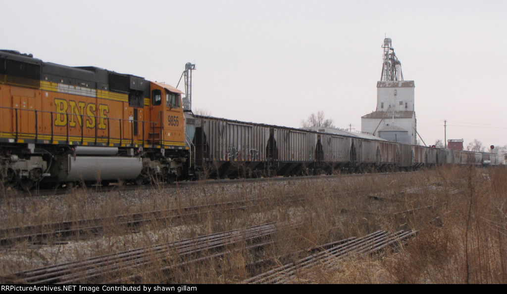 BNSF 9856 leads a coal,at old monroe while its makeing a train meet.